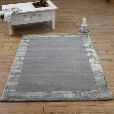 Silver Bordered Wool Handmade Modern Easy to Clean Handmade Rug For ...