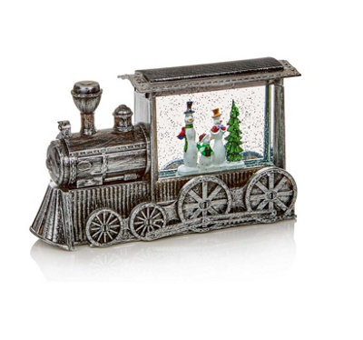 Silver Christmas Water Spinner Train Light Up Ornament White Snowman