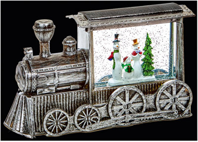 Silver Christmas Water Spinner Train Light Up Ornament White Snowman