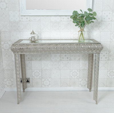 Silver Embossed Metal Mirrored Glass Console Table