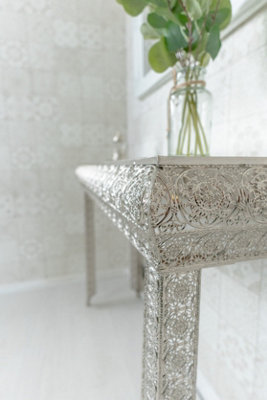 Silver Embossed Metal Mirrored Glass Console Table