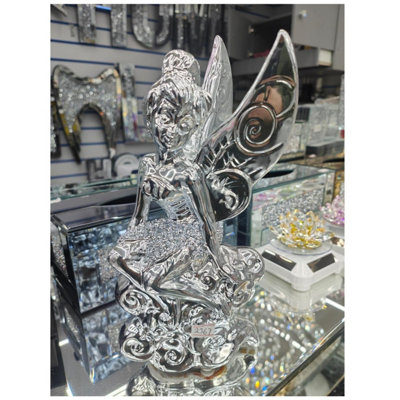 Silver Luxury Sitting Angel Lady Wings Decor Ornament Gypsy 25cm