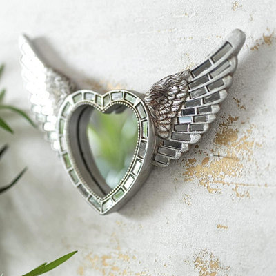Silver Mosaic Heart Angel Wings Hanging Mirror Home Decor Wall Hanging ...