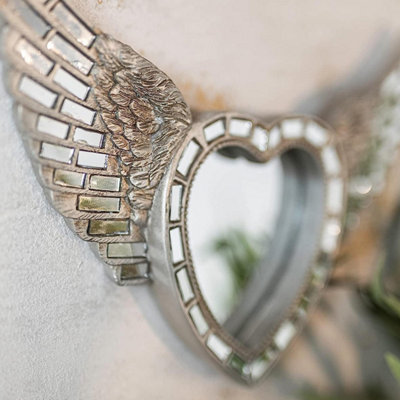 Silver Mosaic Heart Angel Wings Hanging Mirror Home Decor Wall Hanging ...