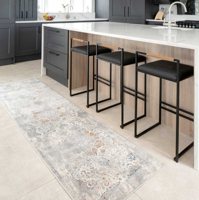 Silver Multicolour Distressed Floral Medallion Runner Rug 70x240cm ...