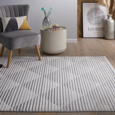 Silver Outdoor Rug, Geometric Striped Stain-Resistant Rug For Patio ...