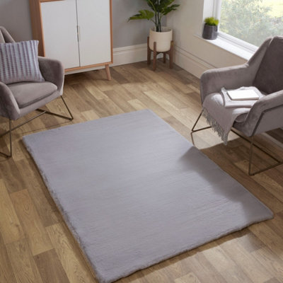 Silver Plain Shaggy Modern Easy to Clean Rug For Dining Room Bedroom ...