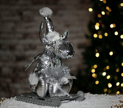 Silver Sequins Reindeer on Sleigh Christmas Decoration
