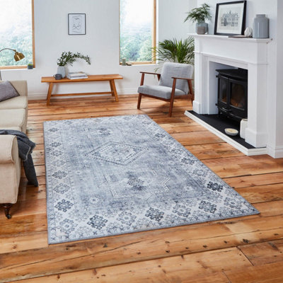 Silver Traditional Rug Persian Geometric Bordered Rug for Living Room ...