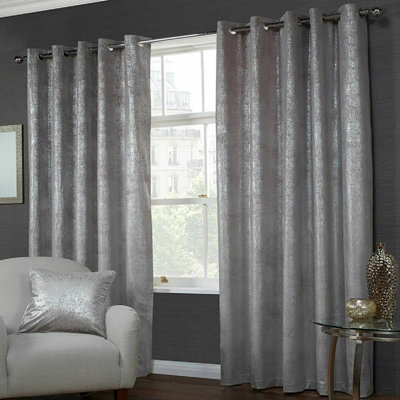 Silver Velvet Shimmer Metallic Eyelet Ring Top Lined Ready Made Pair ...