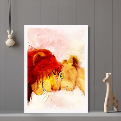 Simba and Nala Watercolour Lion King Art Print with White Frame SIZE: A4