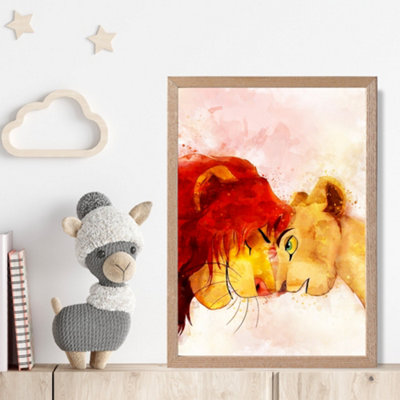 Simba and Nala Watercolour Lion King Framed Print SIZE: A4 with Oak Frame