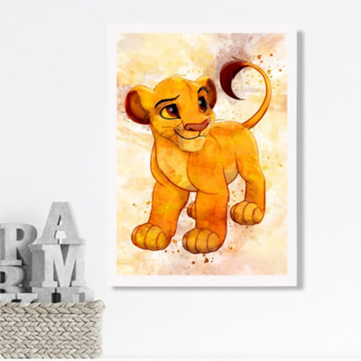 Simba Cub Watercolour Lion King Framed Print SIZE: A3 with White Frame