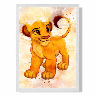 Simba Cub Watercolour Lion King Framed Print SIZE: A3 with White Frame