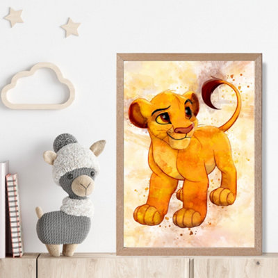 Simba Cub Watercolour Lion King Framed Print SIZE: A4 with Oak Frame
