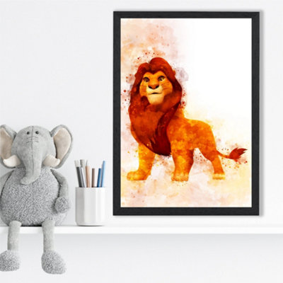 Simba Watercolour Lion King Framed Print SIZE: A3 with Black Frame
