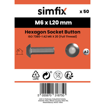 Simfix Hexagon Socket Button ISO 7380-1 A2 M6 X 20 (Full Thread), Pack ...
