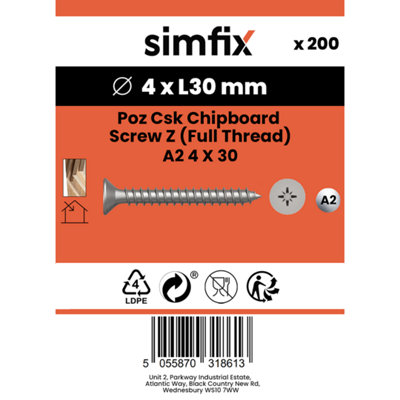 Simfix Poz Csk Chipboard (Z) A2 4 X 30, Pack of 200