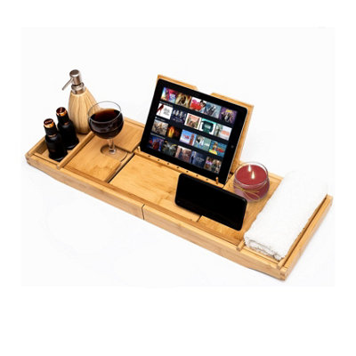 simpa 100% Natural Bamboo Bath Tub Multifunction Extendable Caddy Tray