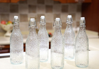 simpa 6PC Clear 1L Bottles Embossed Dots & White Swing Top Lids