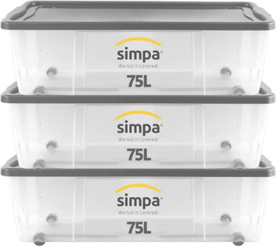 simpa 75L Wheeled Plastic Storage Boxes Silver Lids - Set of 3 | DIY at B&Q