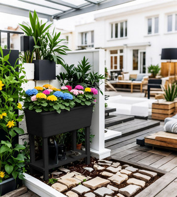 simpa Black XL Double-Tiered Raised Bed Plastic Trough Planter