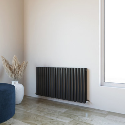 SIMPLE BATHROOMS Black 600x1180mm Oval Column Radiator Double With ...