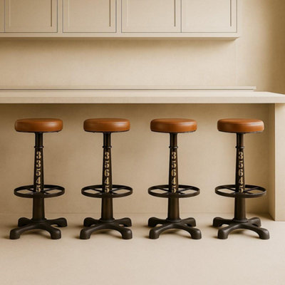 Singer Bar Stool Tan Leather Round Counter 66cm Seat Height Solid Metal ...