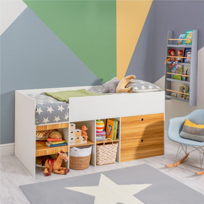 Single Bed Cabin Bed With Storage Drawers Shelves Wooden Mid Sleeper Bed No Mattress