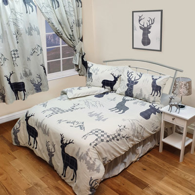 Single Bed Size Highland Stag Duvet Cover Set Taupe Grey Navy