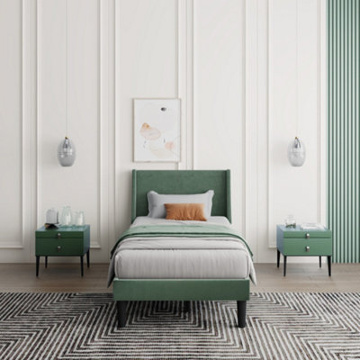 Single Bed Velvet Moss Green 3FT Upholstered Bed with Winged Headboard Wood Slat Support