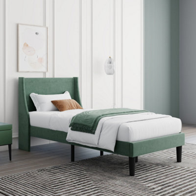 Single Bed Velvet Moss Green 3FT Upholstered Bed with Winged Headboard ...