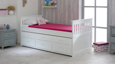 Single Captain Storage Wooden Bed 3FT with 3 storage drawers and a Pull Out Under Bed White