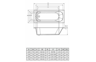 Single End Bath Tub 1700x700x400mm 0TH Bath with Legs