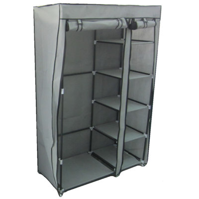 Single Grey Fabric Canvas Wardrobe With Hanging Rail Shelving Clothes ...
