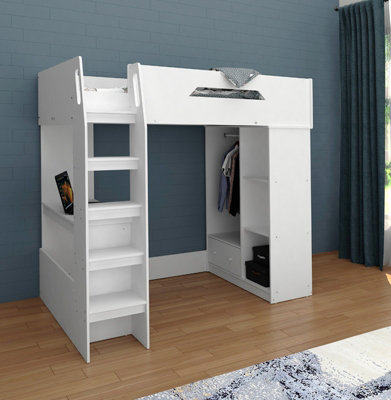 Single High Sleeper Bed with Desk Storage Hanging Area White