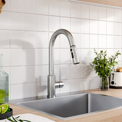 Single Stainless Steel Lever Handle Kitchen Tap with Pull-Out Hose in ...