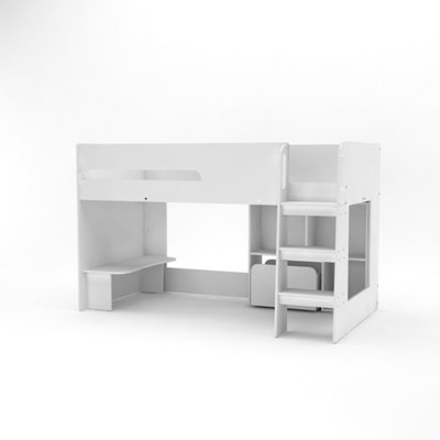 Single, Storage Mid Sleeper with desk, cube unit and toybox.