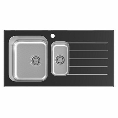Sinkoro Kitchen Sink 1.5 Bowl Stainless Steel RH Drainer & Black Glass ...