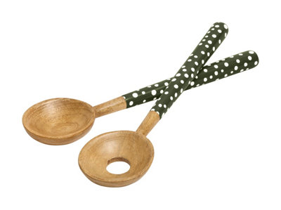 Sintra Mango Wood Spotted Salad Servers - Olive Green