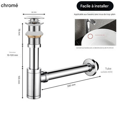 Siphon with drain and without overflow, universal anti-odor brass sink ...