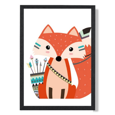Sitting Red Fox Tribal Animal Art Print with Black Frame SIZE: A4