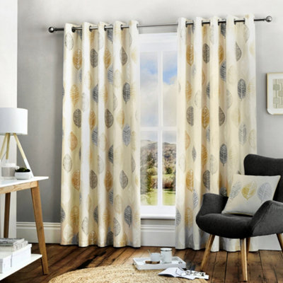 Skandi Leaf 100% Cotton Botanical Print Pair of Mustard Eyelet Curtains