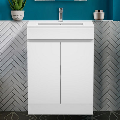SKY BATHROOM 600mm Freestanding Bathroom Vanity Unit with Ceramic Basin ...