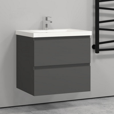 SKY BATHROOM 600mm Wall Hung Bathroom Vanity Basin Units Matte Grey ...
