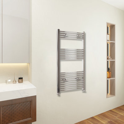 Sky Bathroom Radiator 1200x400mm Curved Heating Chrome With Angled Valves