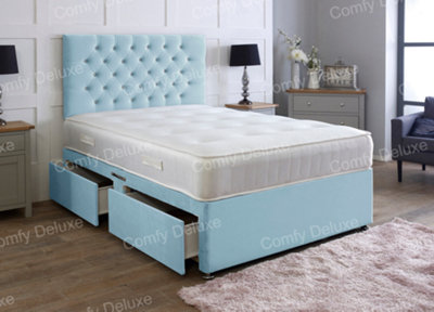 Sky Blue Plush 4ft Small Double Divan Bed With Mattress And Headboard 2 ...