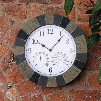 Slate Effect Hanging Wall Clock with Thermometer