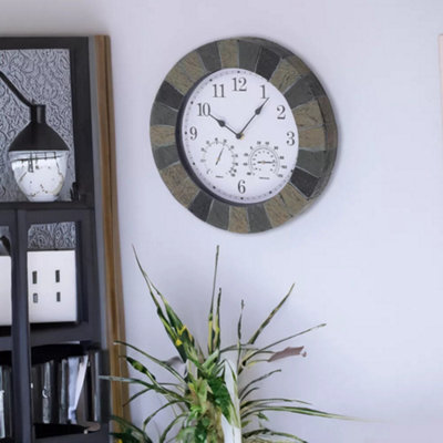 Slate Effect Hanging Wall Clock with Thermometer