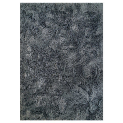 Slate Grey Faux Fur Sheepskin Deep Pile Living Area Rug 160x230cm